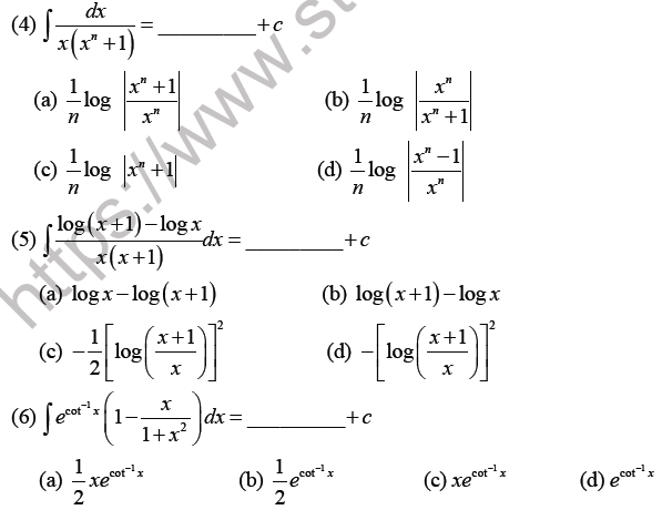 JEE Mathematics Indefinite Integrals MCQs Set C with Answers